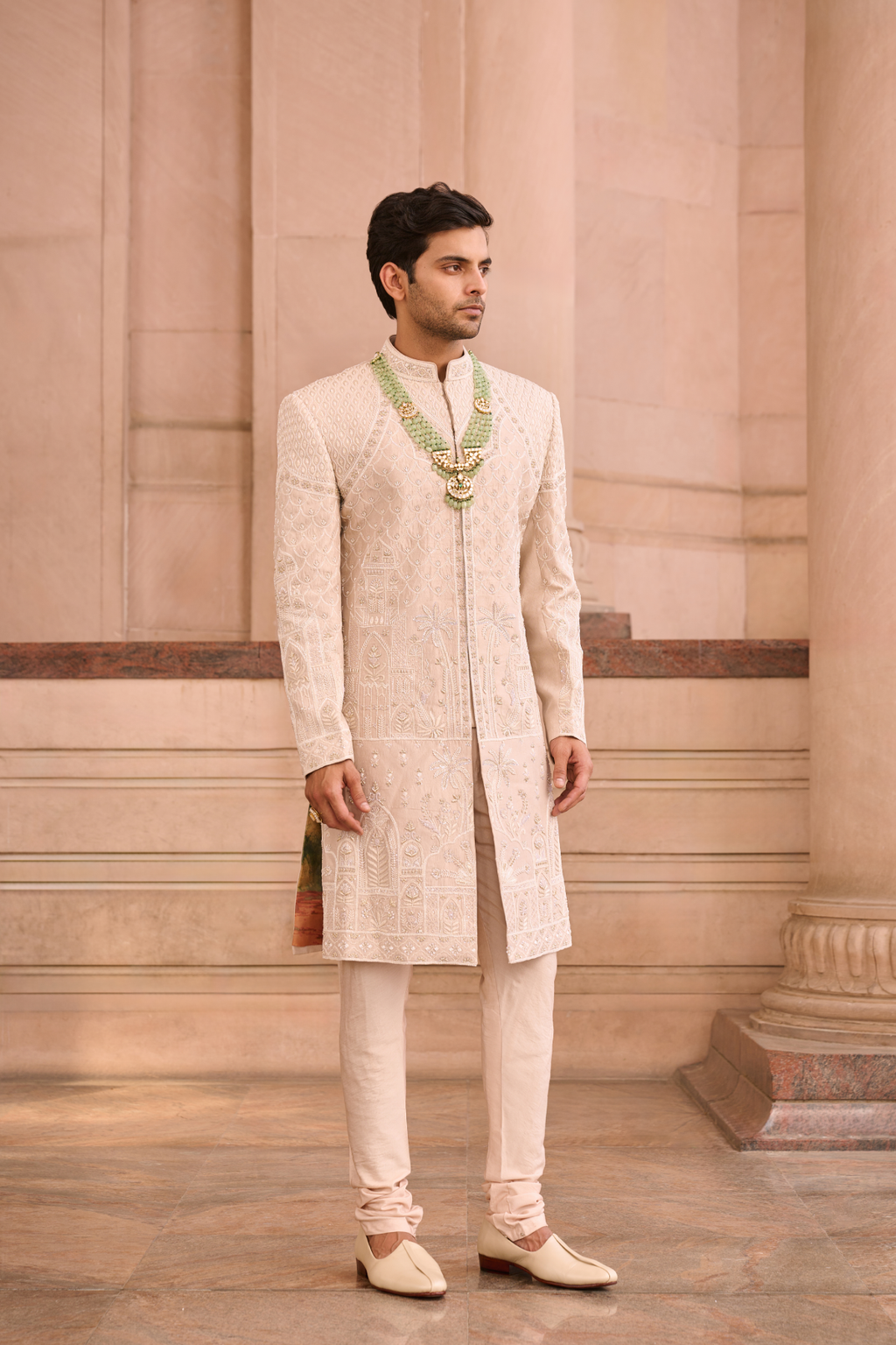 Powder Pink Silk Embroidered Sherwani Set – Mukti and Kavith